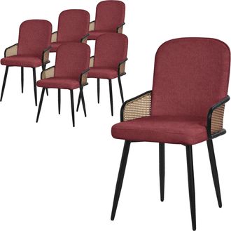 ML Design ML-Design Esszimmerstühle 6er Set Rot mit Stoffbezug, Küchenstuhl mit Rattan Optik-Armlehnen, Gepolsterte Stühle mit Metallbeinen, Sessel ergonomisch,