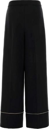 Fendi Wide-Leg Wool-Silk Blend with Contrast Trim Trousers - Black