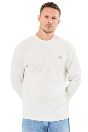 Calvin Klein Herren Langarmshirt Waffle Badge Tee mit Rundhalsausschnitt, Beige (Tofu), XL