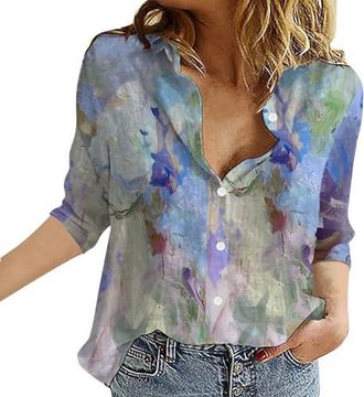 Generic Chemisiers &agrave; manches longues pour femme avec col en V - Hauts en lin confortables - Linentops - T-shirts unis surdimensionn&eacute;s pour sortir - Hauts de t