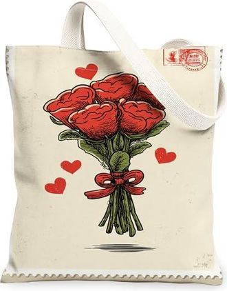 Generic Sacs fourre-tout en toile florale, motif coeur rose vintage, sacs d&eacute;picerie r&eacute;utilisables, l&eacute;gers et lavables en toile pour S, beige, 13x15 Inch