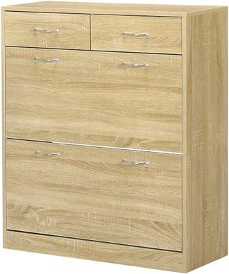 HOMCOM Meuble &agrave; Chaussures Armoire &agrave; Chaussures - 2 tiroirs et 2 Portes abattantes avec &eacute;tag&egrave;re r&eacute;glable - 80 x 30 x 91,5 cm - poign&eacute;es en Aluminium, Naturel