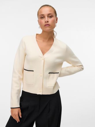 Vero Moda Strickjacke VERO MODA VMGOLD LS V-NECK CONTRAST CARDIGAN, Damen, Gr. S, birch detail:with schwarz, Strick, Obermaterial: 50% Viskose, 28% Polyester, 2