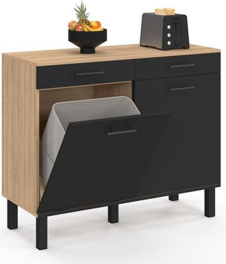IDMarket Buffet bas de cuisine avec espace poubelle 100 cm cina plan de travail H.83 cm 2 portes + tiroirs façon hêtre et noir