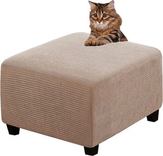 Generic Hockerbezug,quadratisch,Schutz f&uuml;r Fu&szlig;hocker mit dehnbarem,dickem,kariertem,elastischem Boden,abnehmbar und waschbar (Sand,L 57-66 cm)