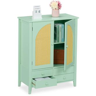 Relaxdays Meuble de rangement, 2 grands compartiments, 4 petits tiroirs, HxLxP : 90x70x34 cm, turquoise et nature - Relaxdays