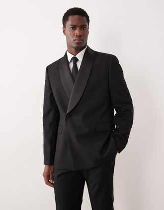 Asos Veste de costume ajust&eacute;e &agrave; petit motif damier ton sur ton tress&eacute; - Noir