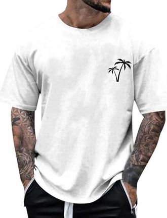 Generic Chemise décontractée à col rond et manches courtes pour homme - Imprimé cocotier - Coupe athlétique - Léger - Pull de sport, blanc, 3XL