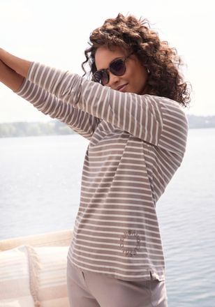 Elbsand Langarmshirt ELBSAND Tooske, Damen, Gr. XXL, taupe, creme gestreift, Jersey, Obermaterial: 50% Baumwolle, 50% Polyester, gestreift, figurumspielend h&uuml;