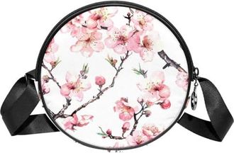 Generic Sac &agrave; bandouli&egrave;re rond pour femme, motif fleurs de p&ecirc;che, petit sac &agrave; dos &agrave; bandouli&egrave;re avec fermeture &eacute;clair, bretelles r&eacute;glables, sac &agrave; main rond d&eacute;