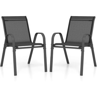 Costway Lot de 2 Chaises de Jardin Exterieures avec Cadre en M&eacute;tal, Chaise de Salle &agrave; Manger Empilable en Tissu Respirant, Fauteuil dExt&eacute;rieur pour