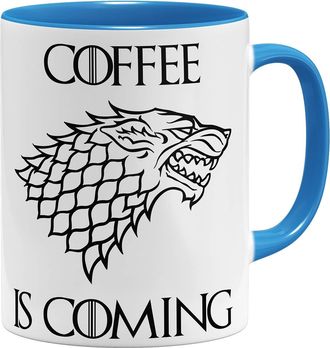 OM3 Coffee is Coming Statement Tasse mit Spruch - Keramik Becher - 11oz 325ml - Beidseitig Bedruckt - Hellblau