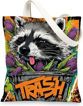 Generic Sac fourre-tout en toile motif raton laveur, réutilisable, sac dépicerie amusant, respectueux de lenvironnement, léger, lavable, coloré, 13x15 Inch