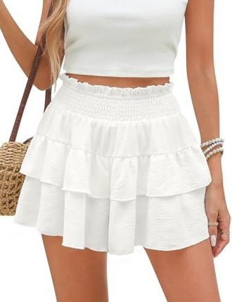 Heekpek Short Femme Ete Fluide à Volants Shorts Taille Haute Ceinture Élastique Jambes Larges Jupe Short de Plage Confort Mini Shorts de Vacances avec Doublur