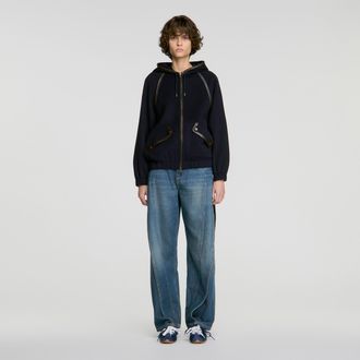 Sandro Manteau &agrave; capuche en laine et cuir