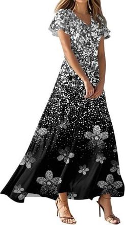 Generic Robe maxi pour femme avec motif floral - Manches courtes - Robe longue fluide - Col en V - Ligne A - Bleu - &Eacute;l&eacute;gante, Noir, 3XL