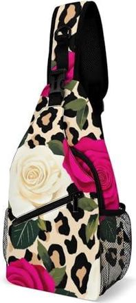 Generic Sacoche Homme Bandouliere Fleurs roses &agrave; imprim&eacute; l&eacute;opard et gu&eacute;pard Casual Sac De Poitrine L&eacute;ger Cross Body pour Voyage Cyclisme Randonn&eacute;e