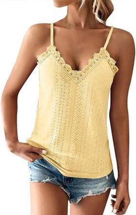 Generic Haut spaghetti pour femme - Col en V - Avec dentelle - D&eacute;bardeur d&eacute;t&eacute; en coton - &Eacute;l&eacute;gant - Respirant - L&eacute;ger - D&eacute;bardeur extensible - Sans manches - C
