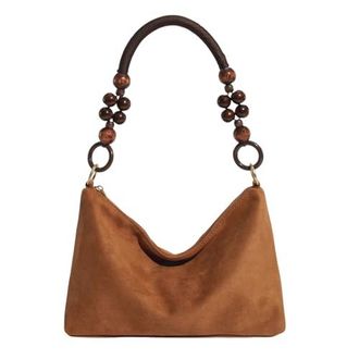 Generic Petit sac fourre-tout en daim synth&eacute;tique pour femme avec poign&eacute;es en perles pour voyage, shopping, usage quotidien, marron, 11.42x7.48x3.94inch