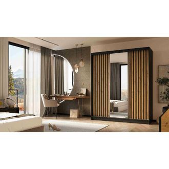 Furnix Kleiderschrank Lillienne 180 mit Spiegel Schwarz-Artisan Lamellen Schwarz - Furnix