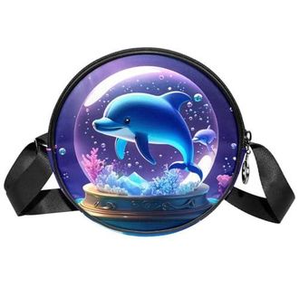 Generic Sac &agrave; bandouli&egrave;re rond pour femme, motif dauphin, boule de cristal, petit sac &agrave; bandouli&egrave;re avec fermeture &eacute;clair, bretelles r&eacute;glables, sac &agrave; main ron