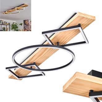 HOFSTEIN LED Deckenleuchte Pompu, Deckenlampe aus Metall/Holz/Kunststoff in Schwarz/Natur/Wei&szlig;, 3000 Kelvin, moderne Leuchte mit Holzbalken f&uuml;r Schlafzimmer, E