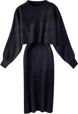 Generic Ensemble de jupes pour femme - Robe tricot&eacute;e deux pi&egrave;ces - Haut et robe moulante - Ensemble 2 pi&egrave;ces - Robe midi en tricot, Noir, Taille unique