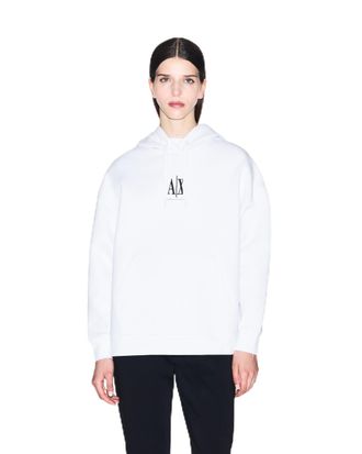A|X Armani Exchange Womens, Icon Project, Embroidered Logo, Hooded Hooded Sweatshirt, Optic White, S