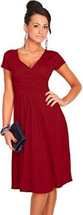 FUTURO FASHION Robe Cache-Coeur &eacute;l&eacute;gante - Femme - Viscose/Coton - Longueur Genoux/col en V/Manches Courtes - 8416 - Grenat - 36 (S)