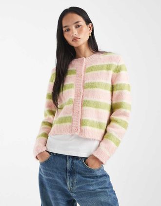 Kiwi & Co Darling - Flauschige Strickjacke in Rosa und Limettengr&uuml;n mit Knopfleiste und Wollanteil