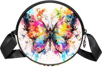 Generic Petit sac &agrave; bandouli&egrave;re rond pour femme, motif papillon aquarelle avec fermeture &eacute;clair, bretelles r&eacute;glables, sac &agrave; main rond d&eacute;contract&eacute; pour femmes 