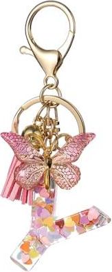 Generic Porte-cl&eacute;s en r&eacute;sine paillet&eacute;e 26 lettres avec papillon pompon porte-cl&eacute;s crochet, Y, taille unique