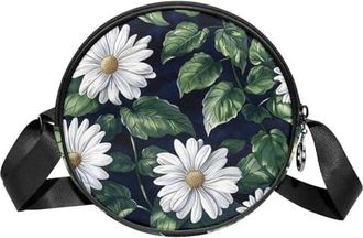 Generic Petit sac &agrave; bandouli&egrave;re circulaire pour femme, marguerites, feuilles, petit sac &agrave; bandouli&egrave;re avec fermeture &eacute;clair, bretelles r&eacute;glables, sac &agrave; main r
