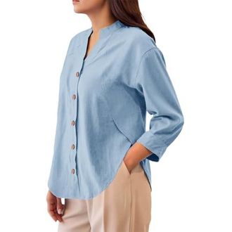 Generic Chemises en lin pour femme, chemisiers en coton et lin pour femmes, chemises d&eacute;t&eacute; en coton avec col en V, boutons, manches longues, chemisier respiran
