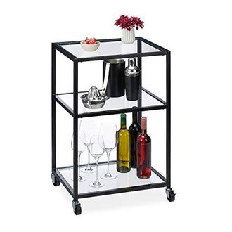 Relaxdays Servierwagen, 3 Ebenen, moderner Rollwagen f&uuml;r K&uuml;che, Bar, Wohnzimmer, Glas & Stahl, HBT 76x50x40 cm, schwarz