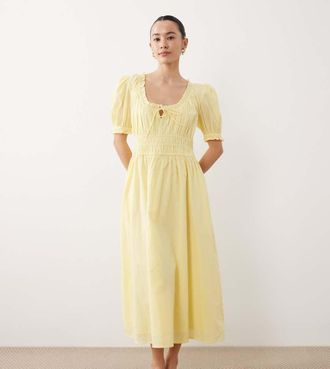 Nobody's Child Tula - Robe mi-longue fronc&eacute;e en coton &agrave; manches bouffantes - Jaune