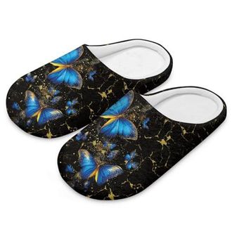 Coloranimal Pantoufles de spa &agrave; bout ferm&eacute; pour femme, chaussures dint&eacute;rieur en coton et lin, pantoufles dint&eacute;rieur en coton, Marbre papillon bleu, 35.5/36.5 EU