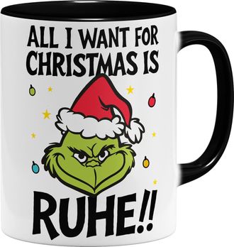 OM3 lustige Weihnachts Kaffee-Tasse mit Spruch - all I want for Christmas is RUHE - Keramik Becher - 325ml - Beidseitig Bedruckt - Schwarz