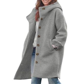 Generic Manteau dhiver long en laine &agrave; boutonnage simple pour femme, manteau dhiver &agrave; capuche surdimensionn&eacute; &agrave; capuche, gris, XXL
