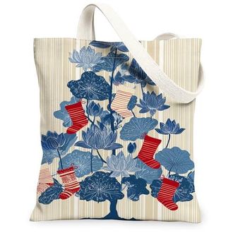 Generic Sacs fourre-tout en toile florale de No&euml;l, motif botanique, sacs de courses r&eacute;utilisables, vintage, chic, l&eacute;ger et lavable pour voyage, plage, 33 x 38