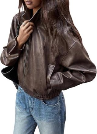 ORANDESIGNE Femme Veste Cuir Automne Blouson Veste Simili Cuir de Moto Fermeture Éclair Oversize Manteau Streetwear C Marron L