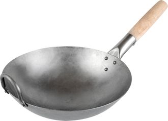 Restaurantware Motomori 30,5 cm handgeh&auml;mmerter Karbonstahl-Wok, 1 traditioneller japanischer Wok - runder Boden, Holzgriff, schwarzer Karbonstahl, traditionelle R&uuml;h