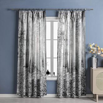 Joyswahl Blickdichter Vorhang mit Wald Druck »Lucas« Wohnzimmer Vorhänge schön Schlaufzimmer Dekoschals mit Kräuselband Grau BxH 140x175cm 1 Stück