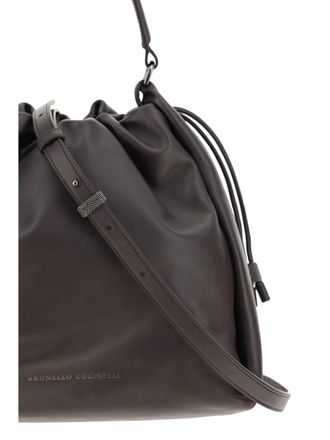 Brunello Cucinelli Womens Leather Shoulder Bag With Drawstring Closure Testa Moro Calf Bos Taurus