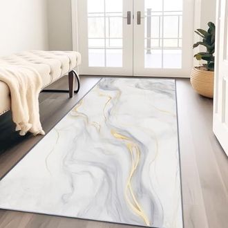 Generic Tapis de Couloir Long 65 x 240 cm Tapis de Passage Lavable Antid&eacute;rapant Doux Aquarelle Marbre Lignes dor&eacute;es Textures Tapis pour Buanderie Cuisine Cham