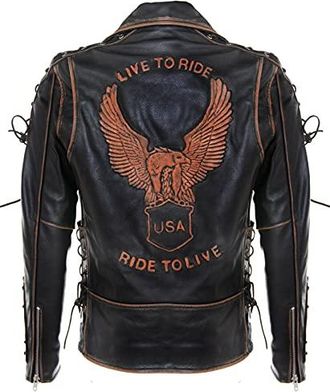 Infinity Leather Vintage Noir Brando «Live to Ride» pour Hommes en Relief Eagle en Cuir Moto Motard Veste 3XL