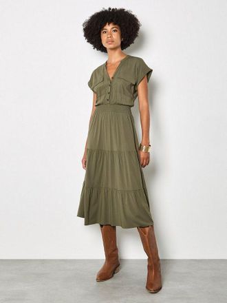 Apricot Midikleid Gestaffeltes Utility-Midaxi-Kleid Einfarbig