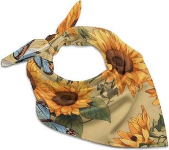 Generic Écharpe carrée rétro en soie avec tournesol et papillon - Légère - Motif floral vintage - Pour cheveux - Respirant - Cadeau pour femme et homme, multi