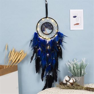 Railonch Boho Blau Feder Traumf&auml;nger Handgemachte Dreamcatcher mit LED Licht Vintage Dream Catcher f&uuml;r Kinder Wandbehang und Wohnkultur Hochzeit Ornamente (Mit