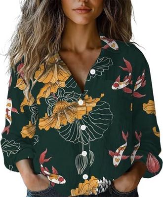 Generico Chemise Femme &Eacute;l&eacute;gant &agrave; Manches Longues Blouse Coton Et Lin Simple Grande Taille Chemisier Col en V Doux T Shirt Vintage Fantaisie avec Boutons Classi